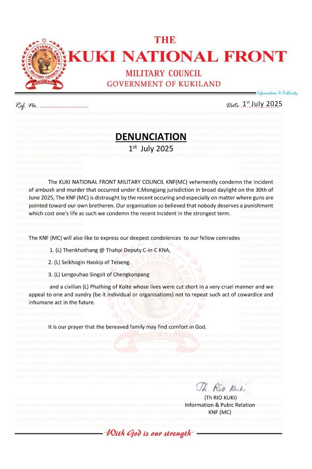 KNF(MC) Slams UKNA Over Killing of Top KNA Cadres