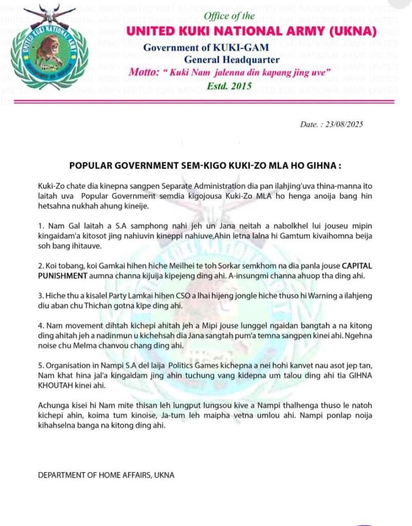 UKNA Issues Death Threats to Kuki-Zo MLAs in Manipur